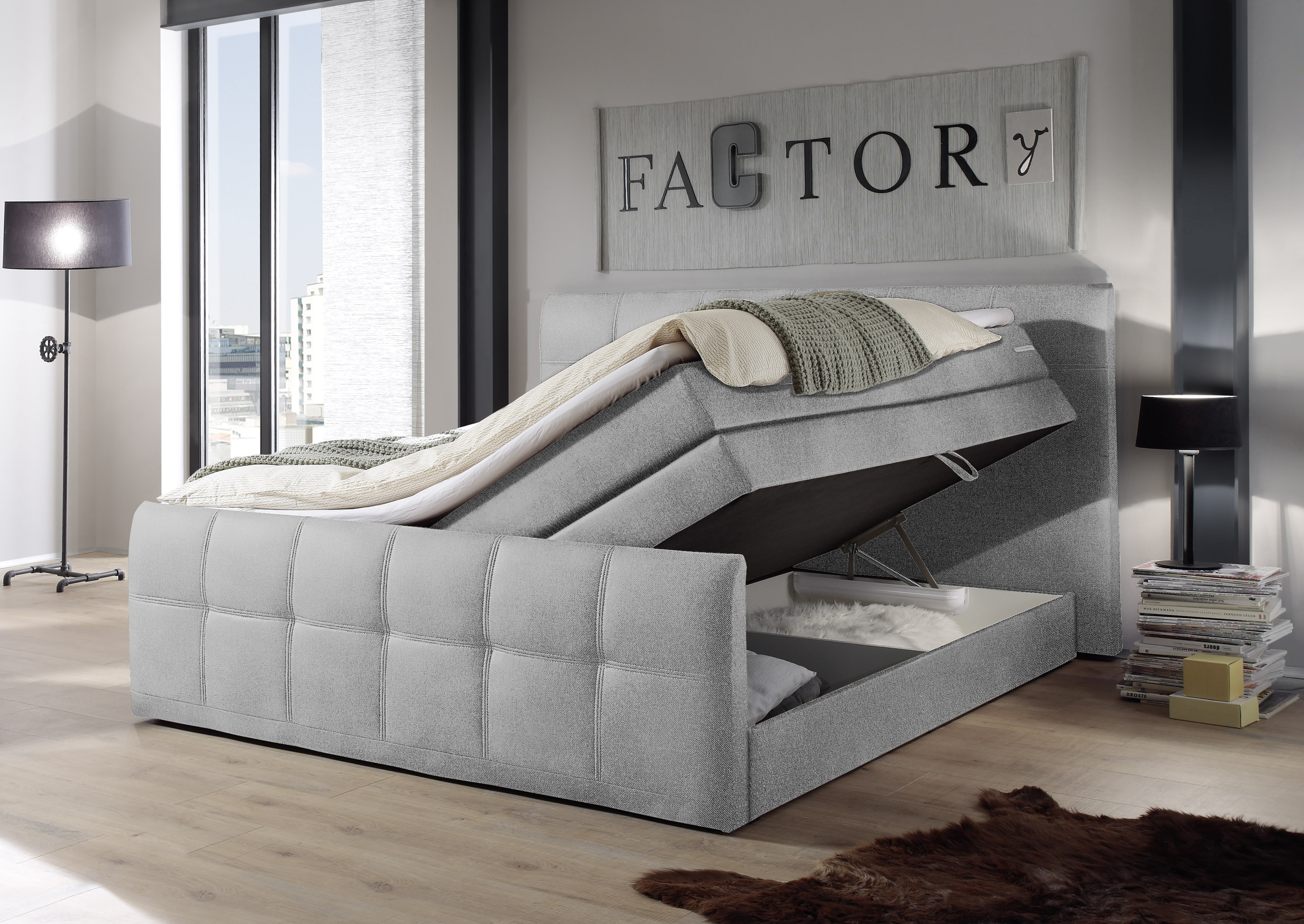 SAMARA Boxspringbett integrierter Bettkasten 180x200 cm grau