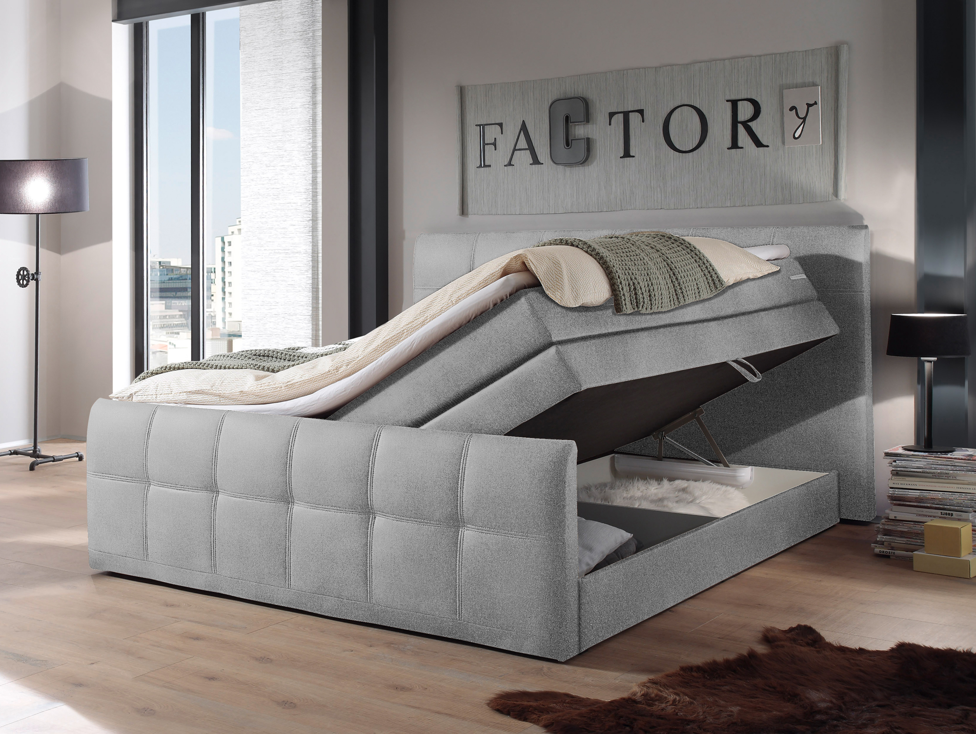 SAMARA Boxspringbett integrierter Bettkasten 180x200 cm grau